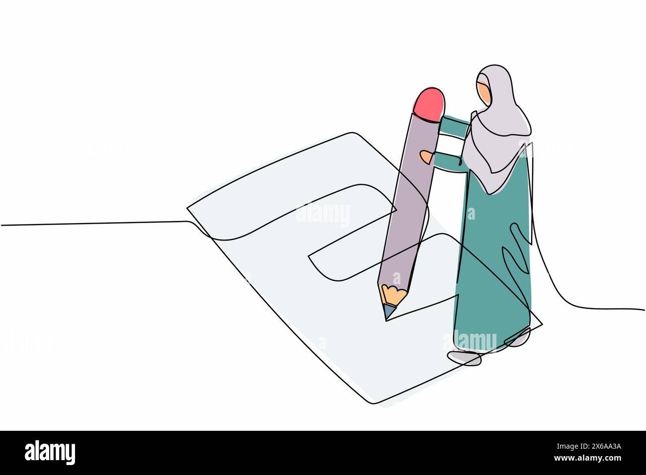 Single continuous line drawing Arab businesswoman writing survey form ...