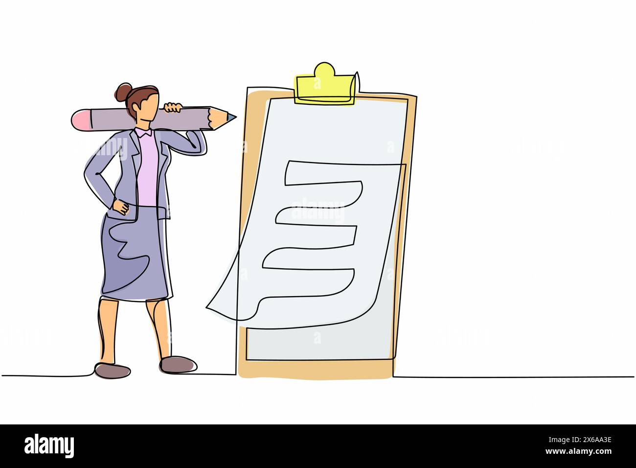 Single continuous line drawing active businesswoman with giant pencil ...