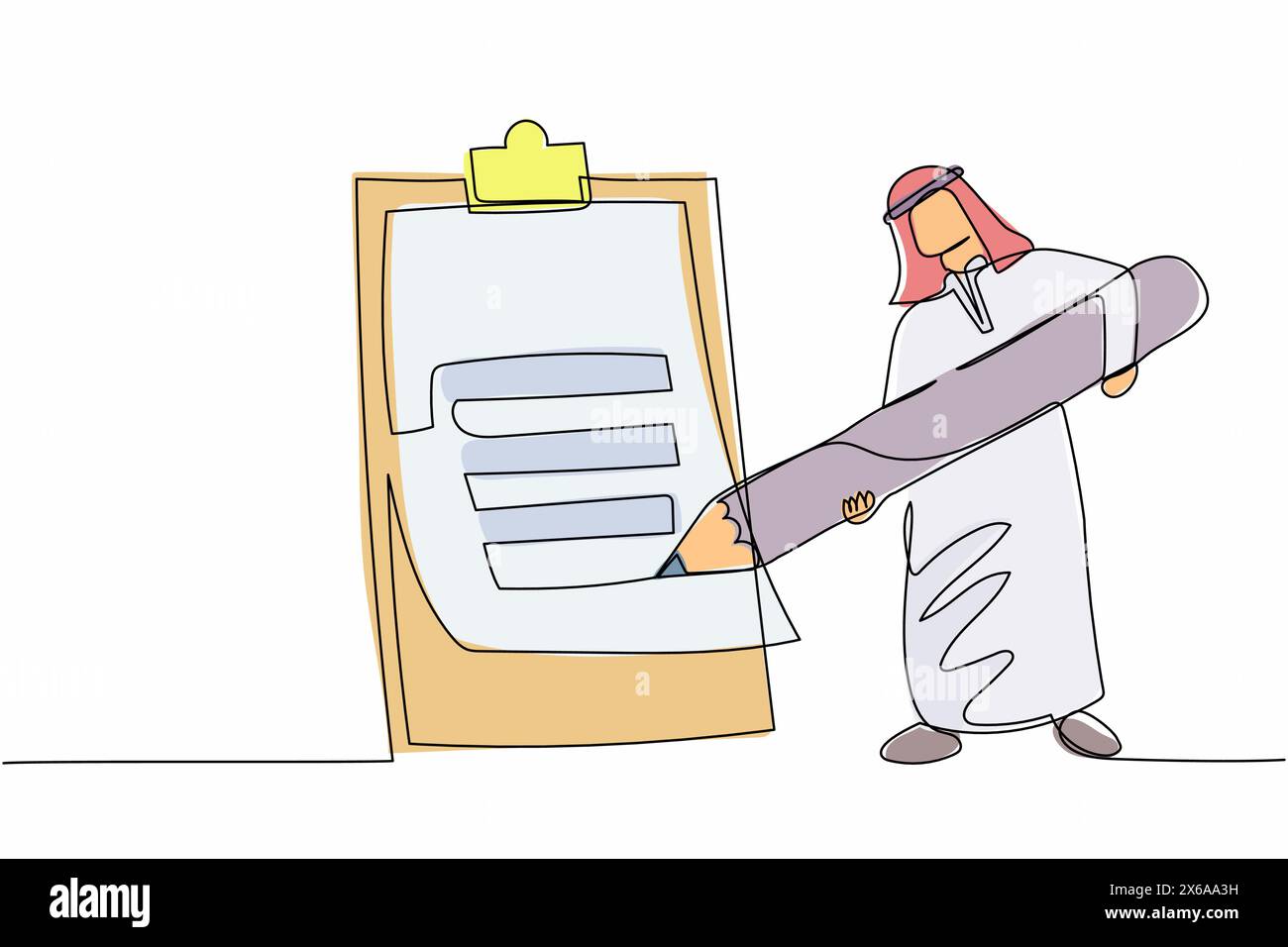 Single continuous line drawing Arabian businessman writing on clipboard ...