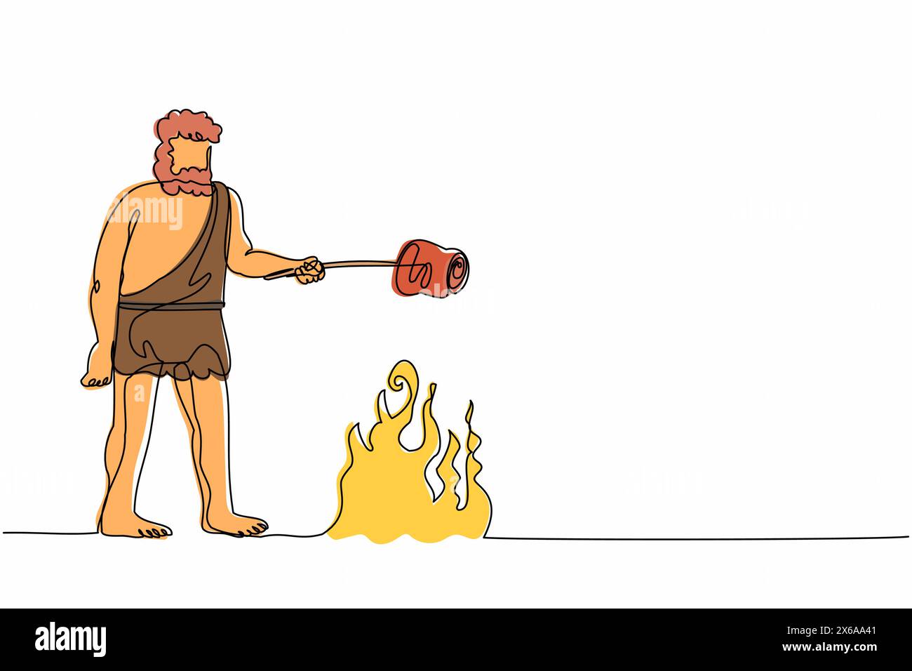 Single continuous line drawing caveman stands and cooking meat food on ...