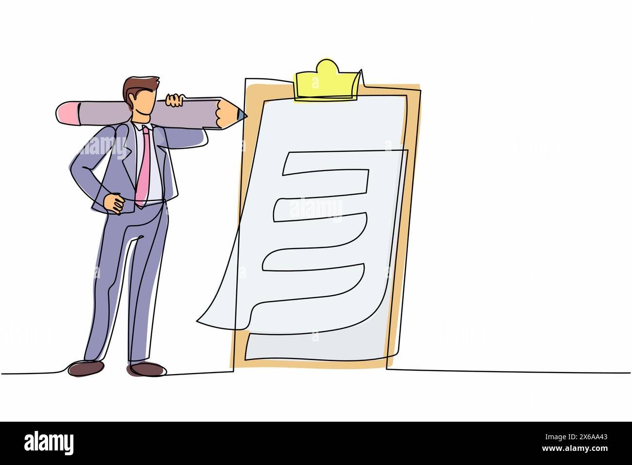 Continuous one line drawing positive businessman with giant pencil on ...