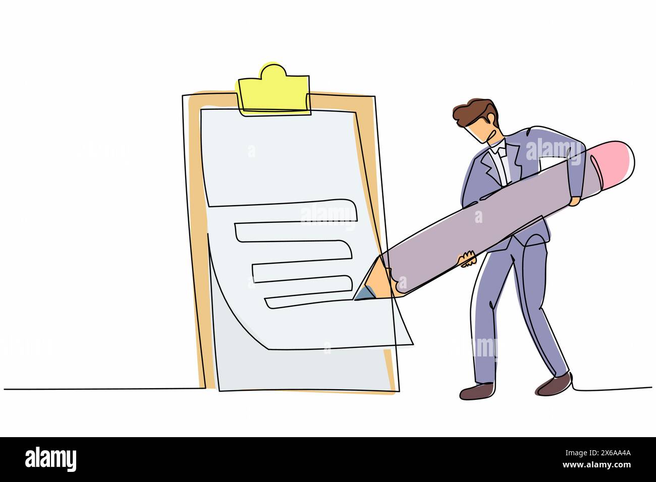 Single one line drawing attractive businessman mark checklist with ...