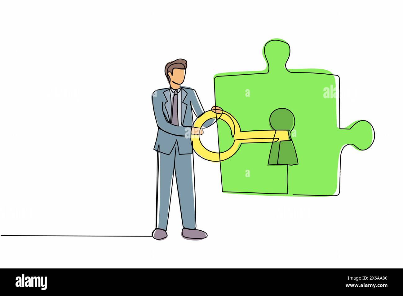 Single continuous line drawing businessman putting big key into puzzle ...