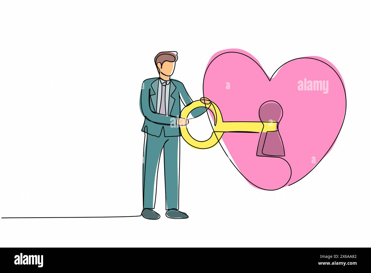 Single one line drawing businessman putting big key into heart. Young ...