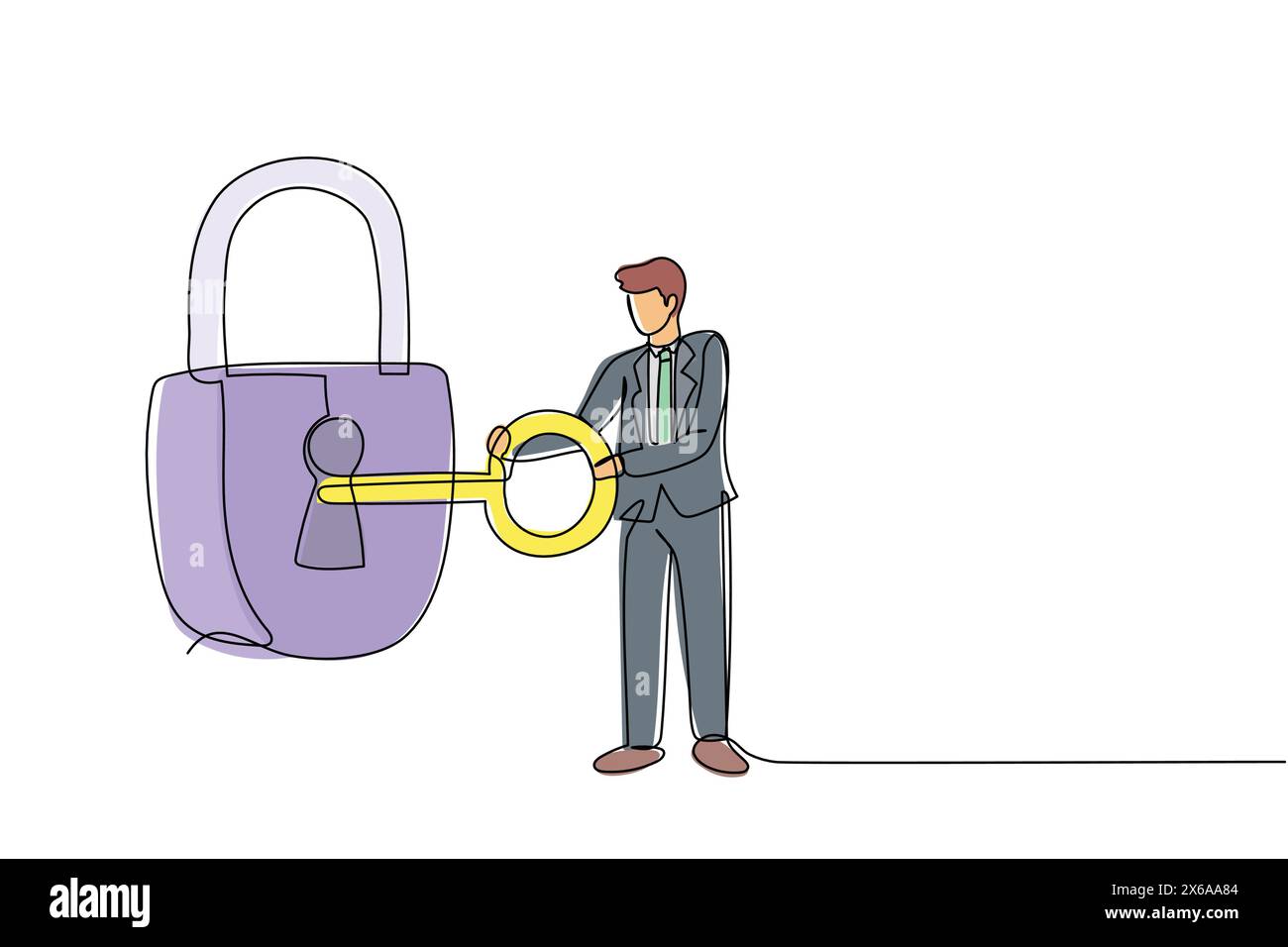Continuous one line drawing businessman putting big key into padlock ...