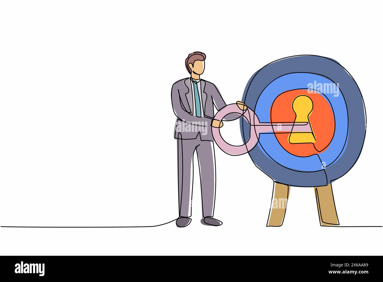 Single continuous line drawing businessman putting big key into ...