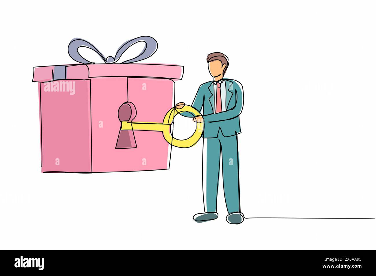 Single continuous line drawing happy businessman putting big key into ...