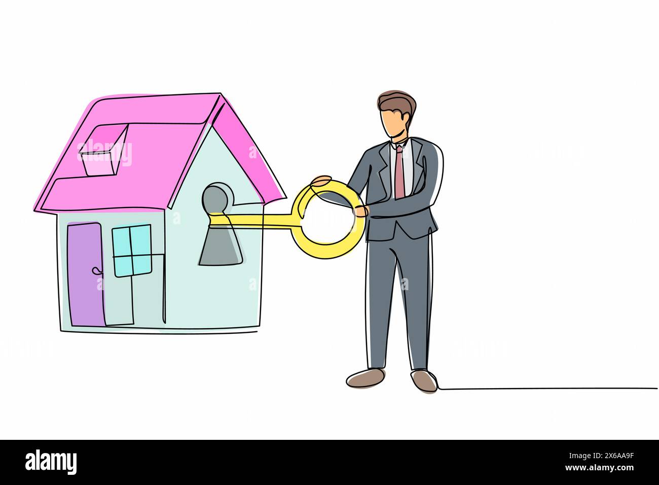 Single continuous line drawing businessman putting big key into house ...