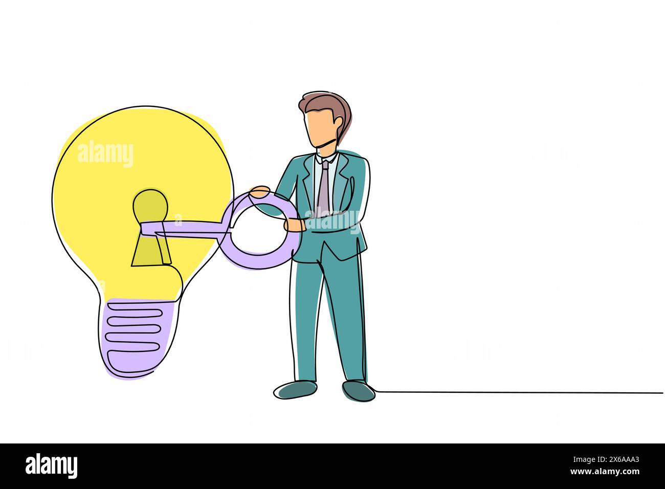 Continuous one line drawing businessman putting big key into light bulb ...