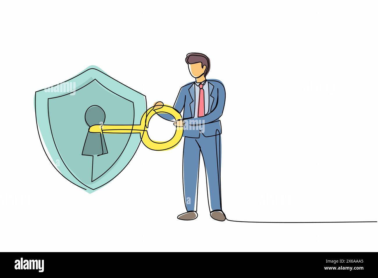 Single one line drawing businessman putting big key into shield ...