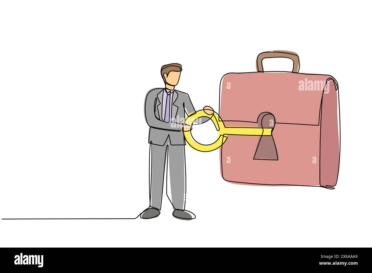 Single continuous line drawing businessman putting big key into ...
