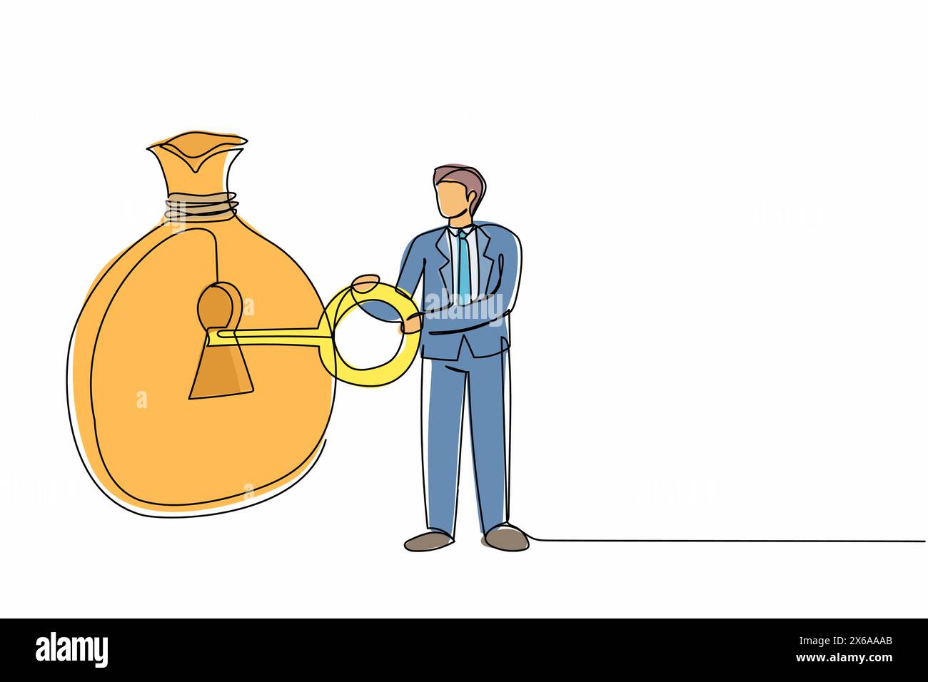 Single one line drawing businessman putting big key into money bag ...