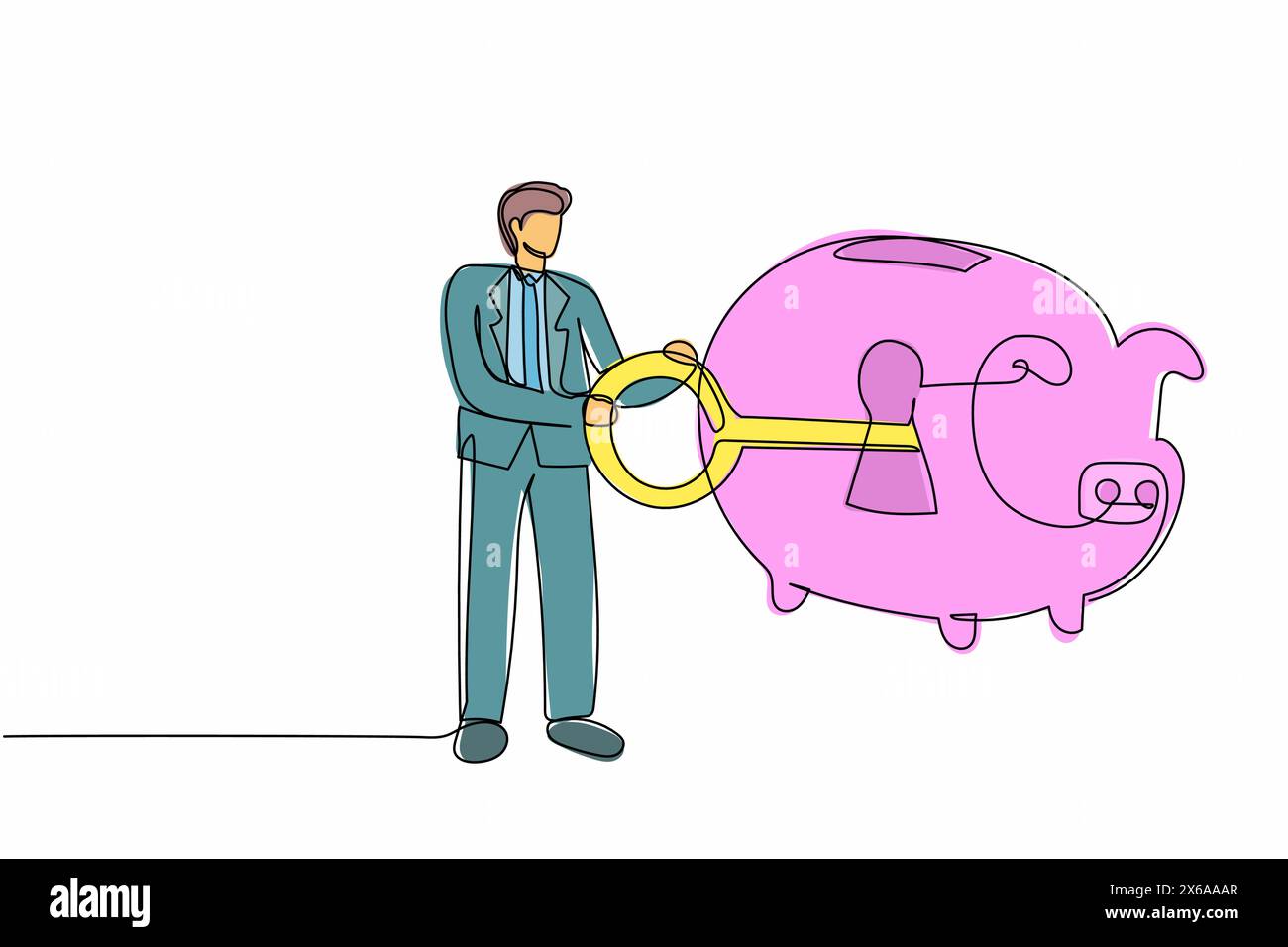 Continuous one line drawing businessman putting big key into piggy bank ...
