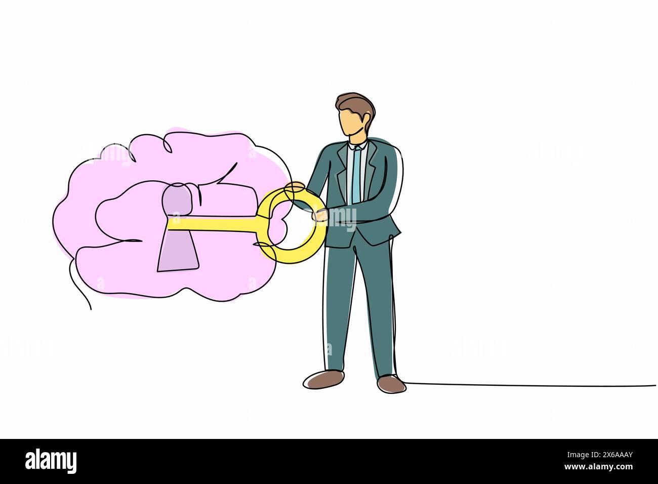 Continuous one line drawing businessman putting key into brain. Open ...