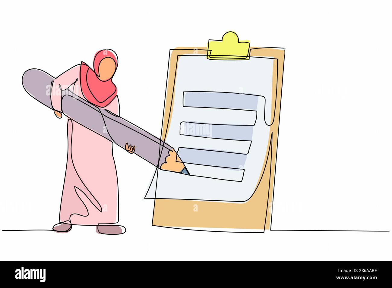 Continuous one line drawing Arab businesswoman mark checklist with ...