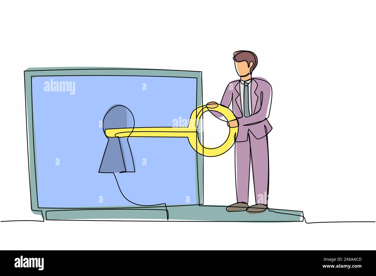 Single one line drawing businessman putting big key into laptop ...