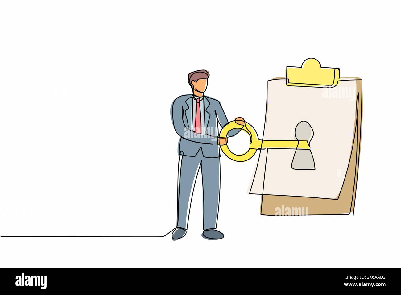 Single one line drawing businessman putting big key into clipboard ...
