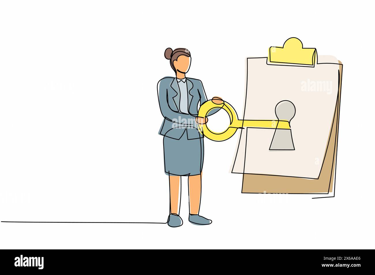 Continuous one line drawing businesswoman put key into clipboard ...