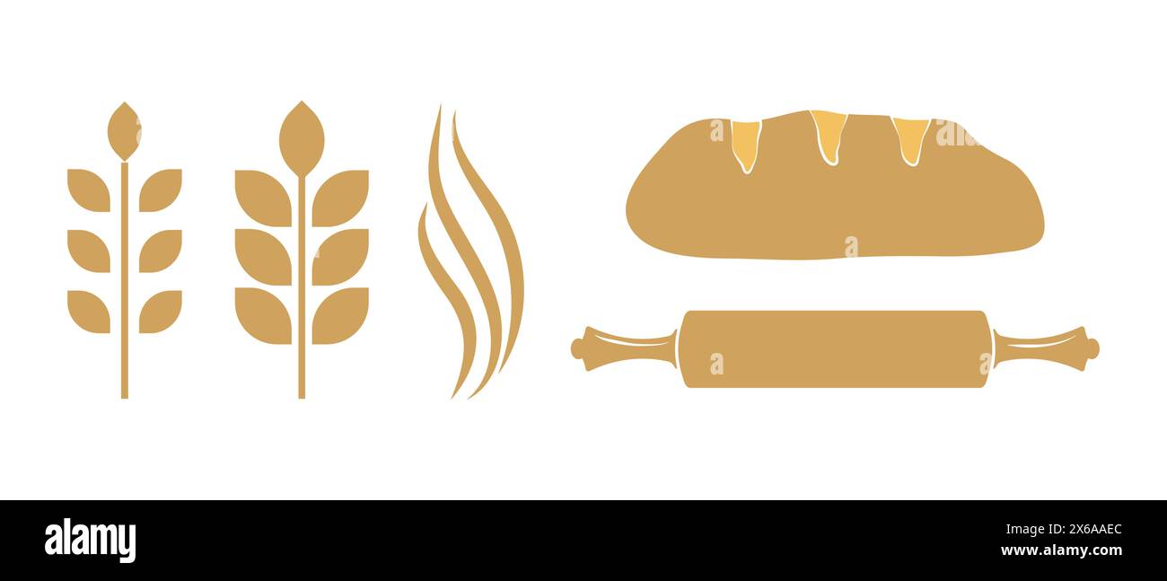 Bakery Illustration Set of Loaf of Bread, Rolling Pin, Wheat Stock ...
