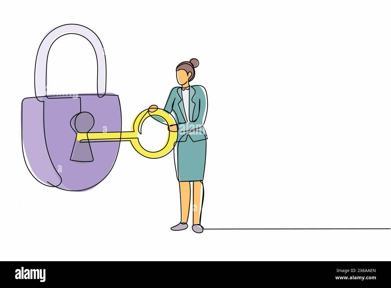 Single continuous line drawing businesswoman putting big key into ...