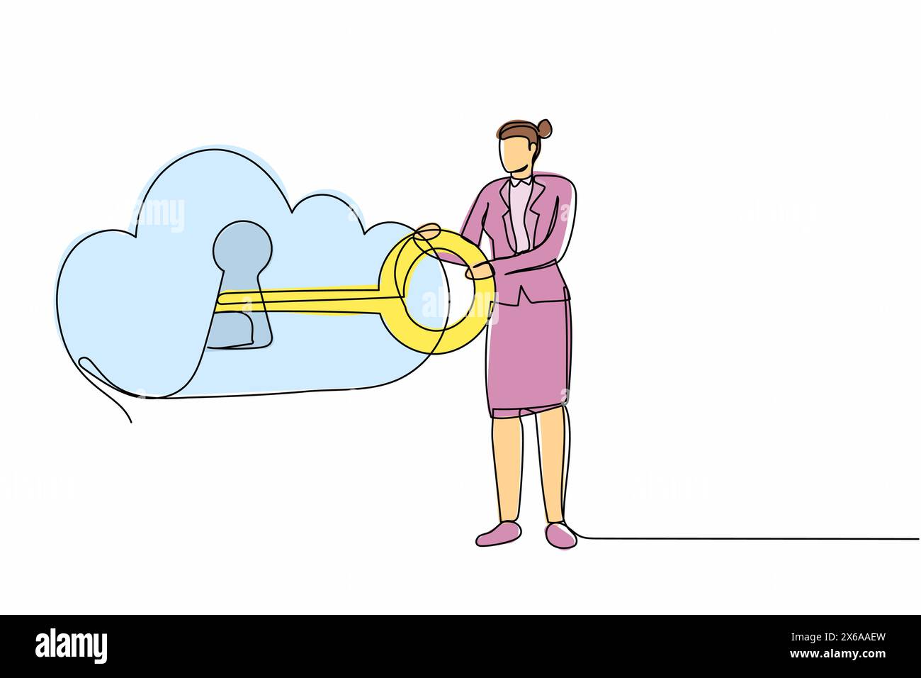 Continuous one line drawing businesswoman put key into cloud. Digital ... Continuous one line drawing businesswoman put key into cloud. Digital ...