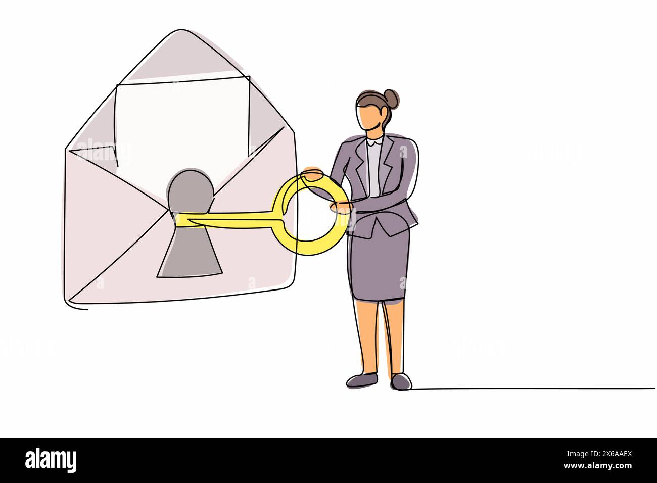 Single one line drawing businesswoman put key into mail. Internet ...