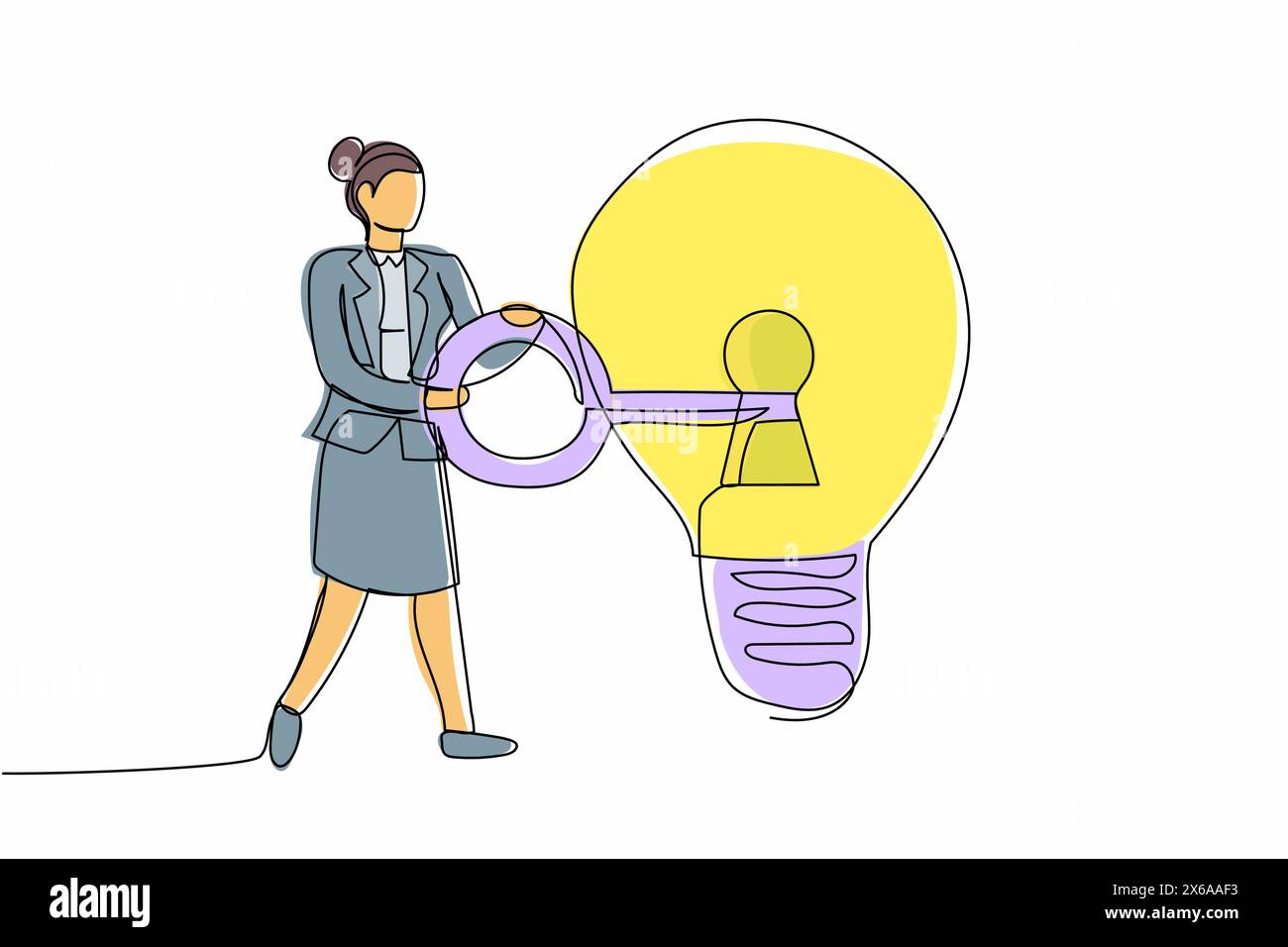 Continuous one line drawing businesswoman put key into light bulb ...