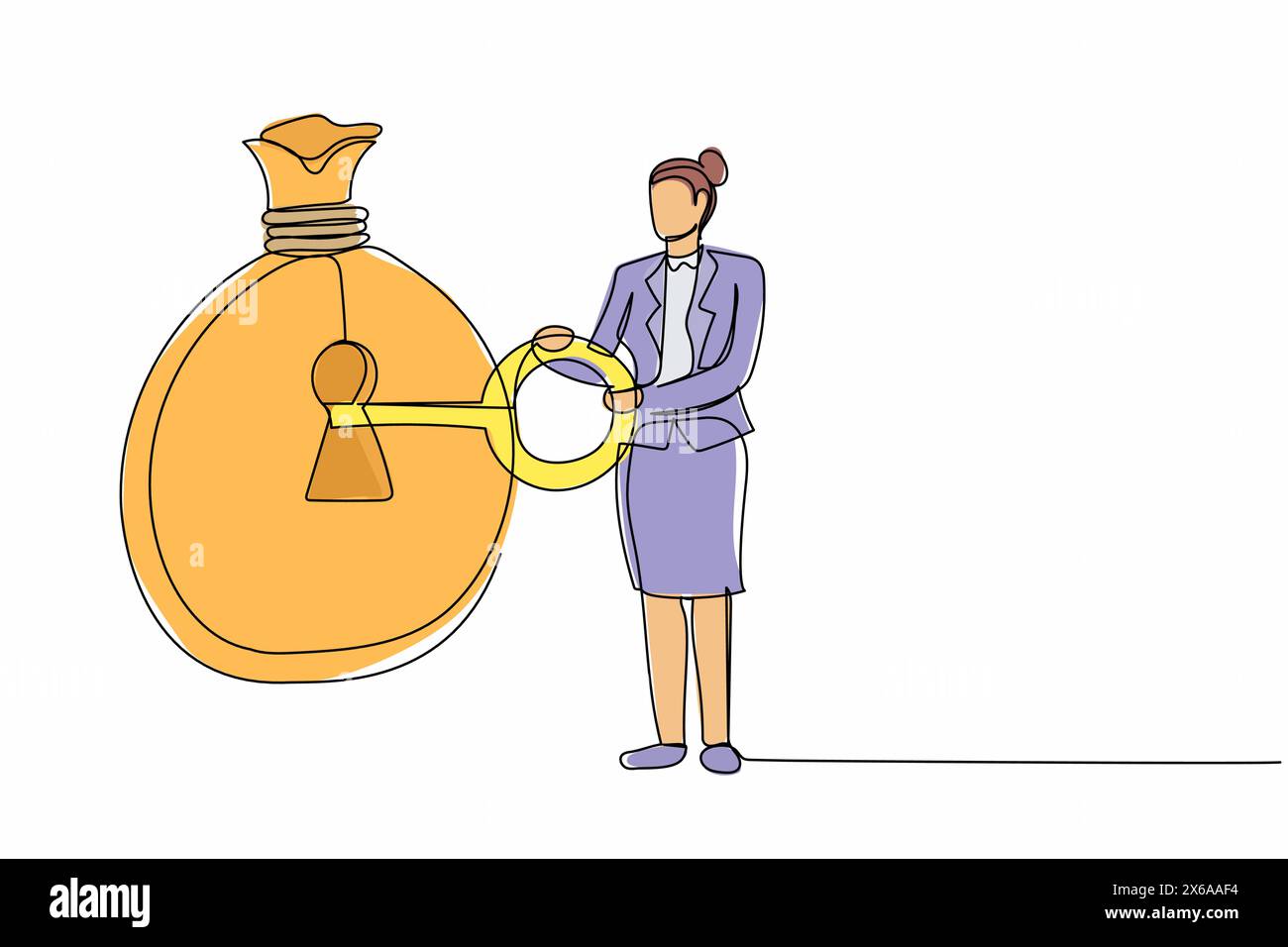 Continuous one line drawing businesswoman put key into money bag ...