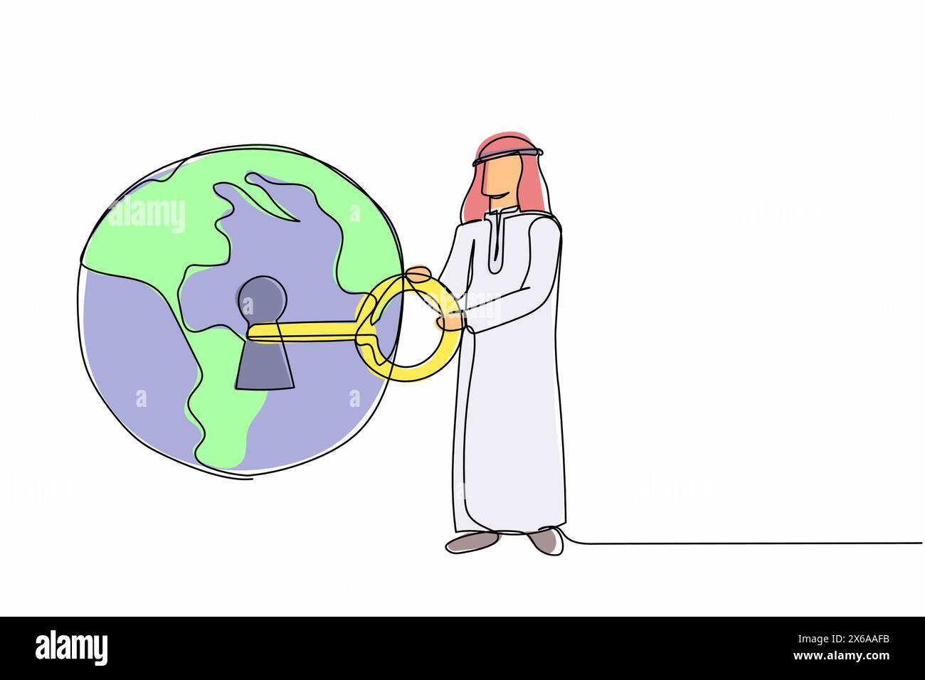 Continuous one line drawing Arabian businessman putting big key into ...