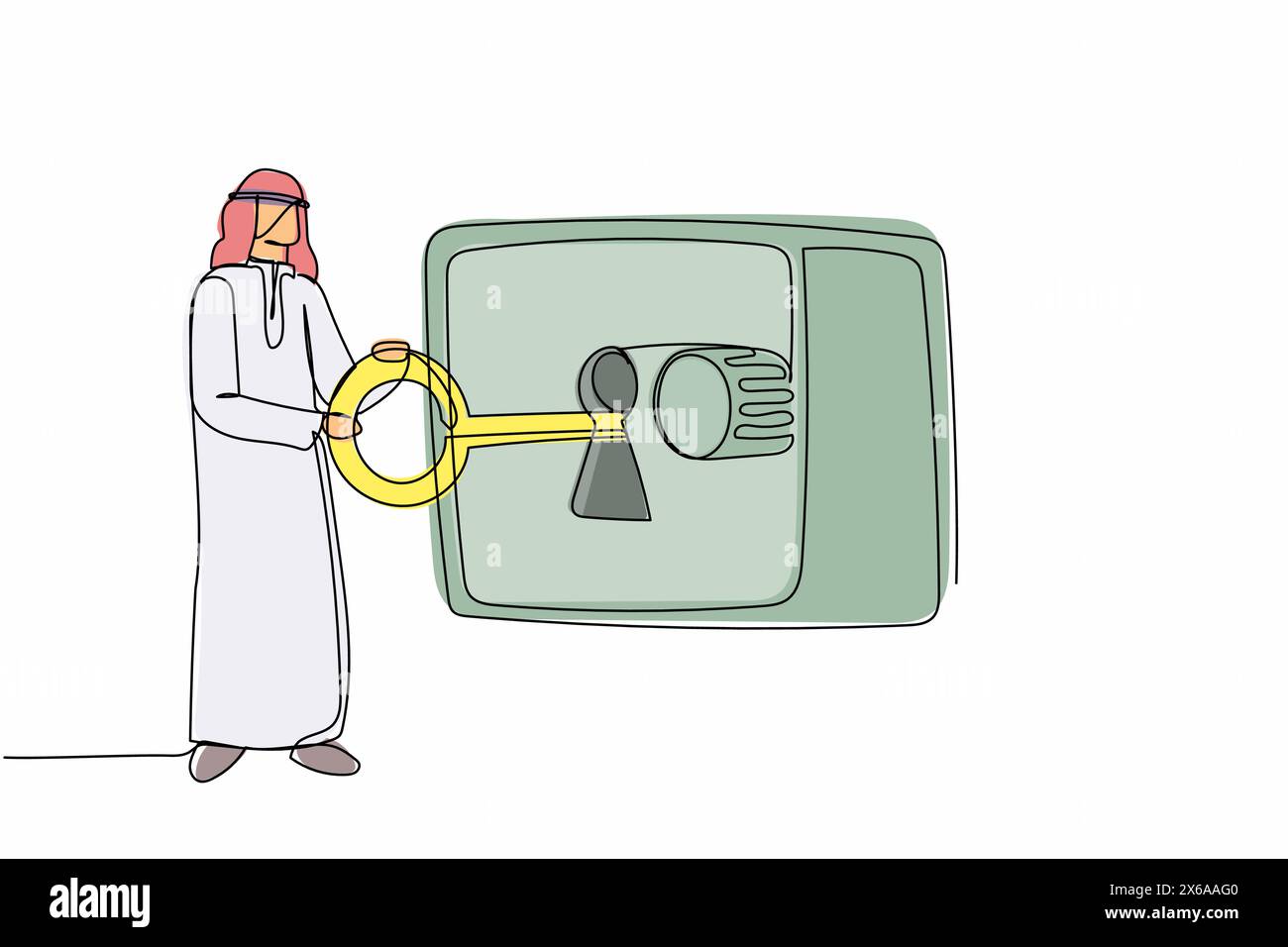 Continuous one line drawing Arab businessman putting big key into ...