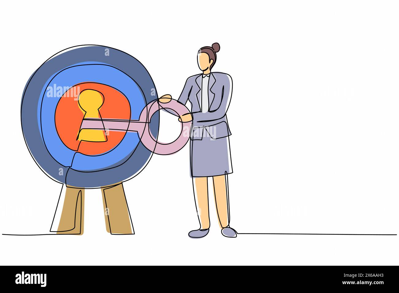 Single one line drawing businesswoman put key into bullseye target ...