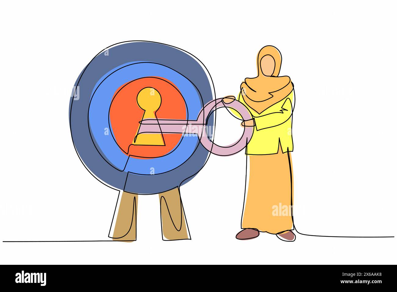 Single continuous line drawing Arabian businesswoman put key into ...