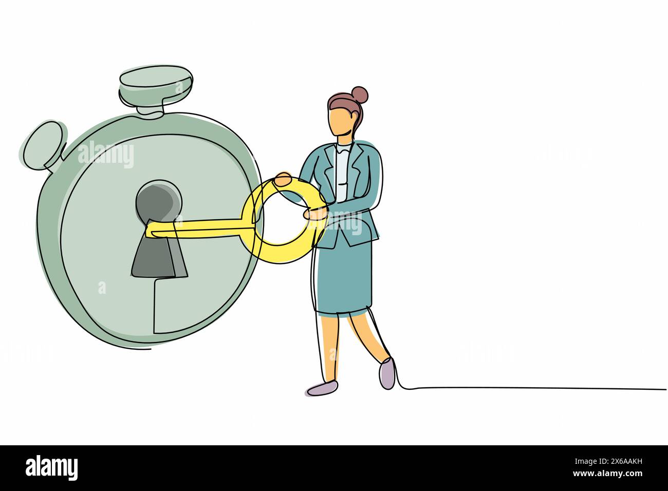 Continuous one line drawing active businesswoman put key into stopwatch ...