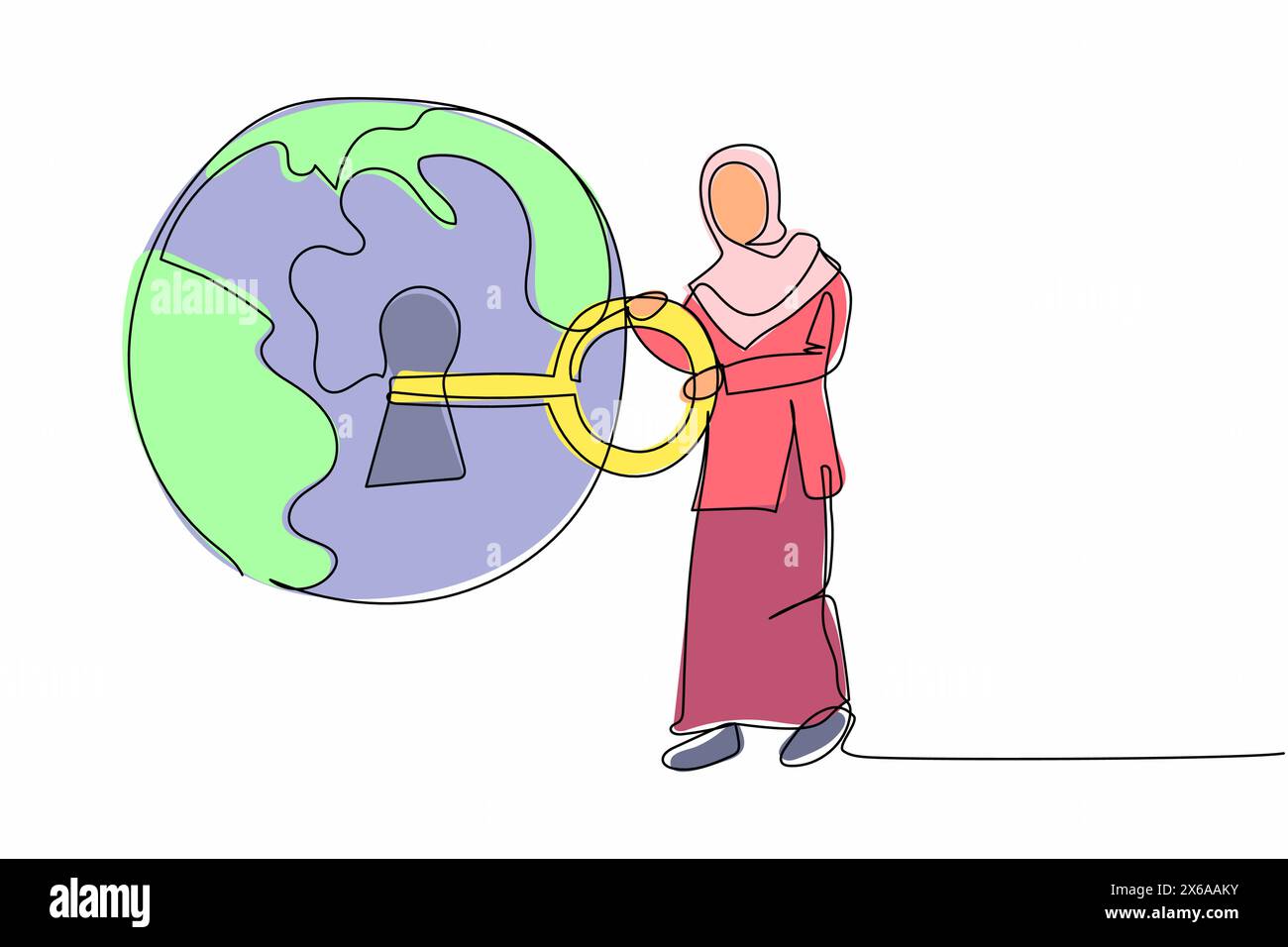 Single one line drawing Arabian businesswoman put key into globe. Save ...