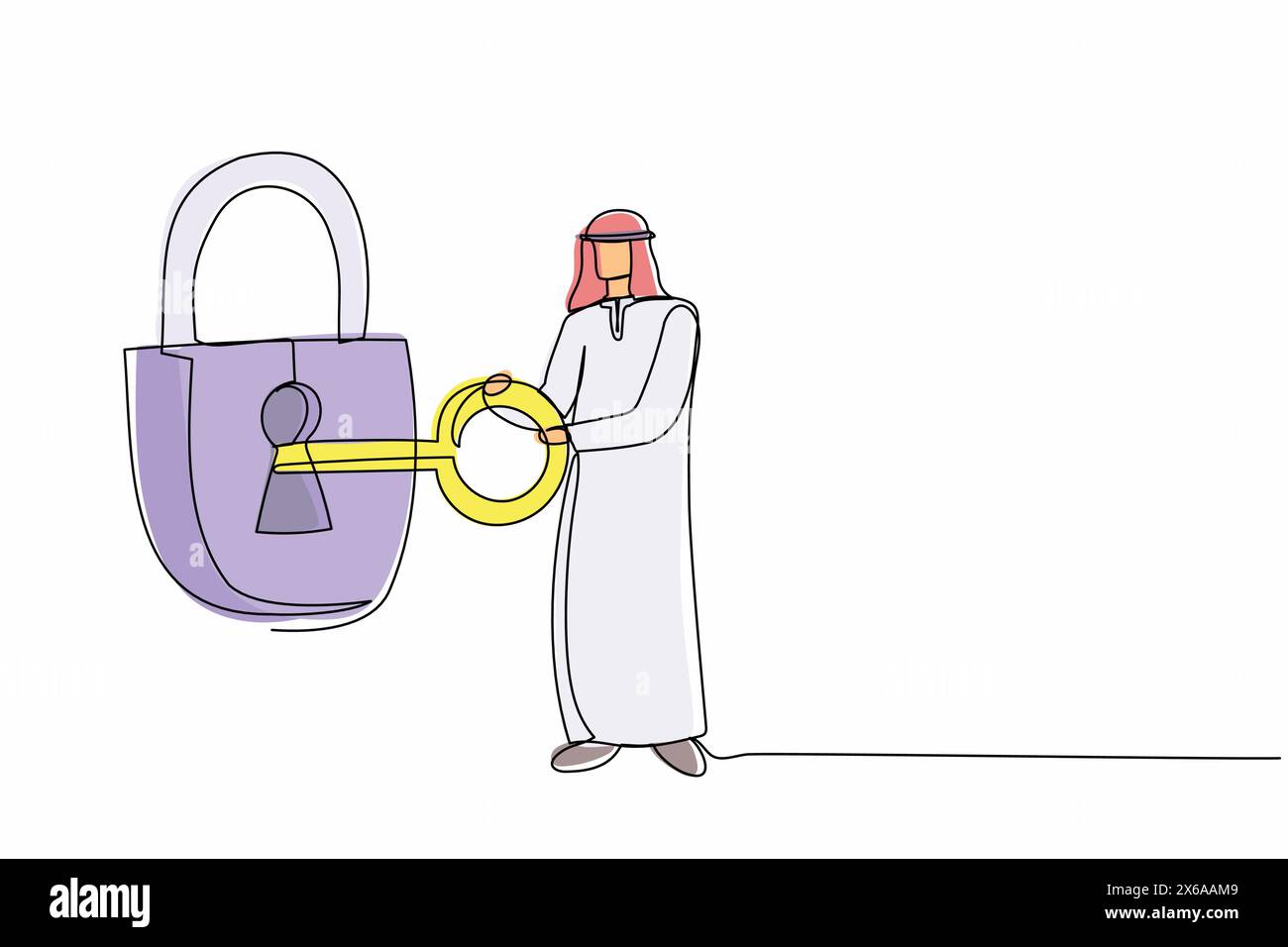 Continuous one line drawing Arab businessman putting big key into ...