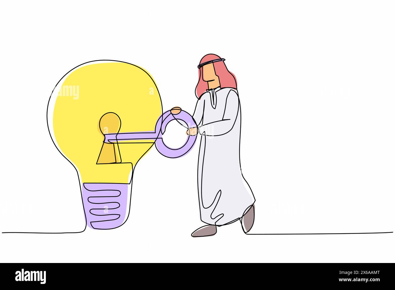 Continuous one line drawing Arab businessman putting big key into light ...