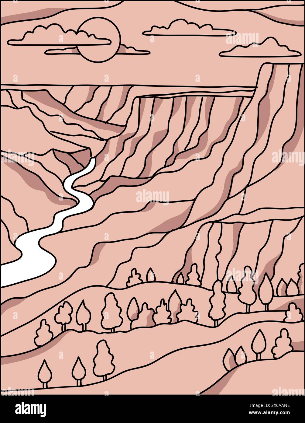 Mono line illustration of the Grand Canyon carved by the Colorado River ...