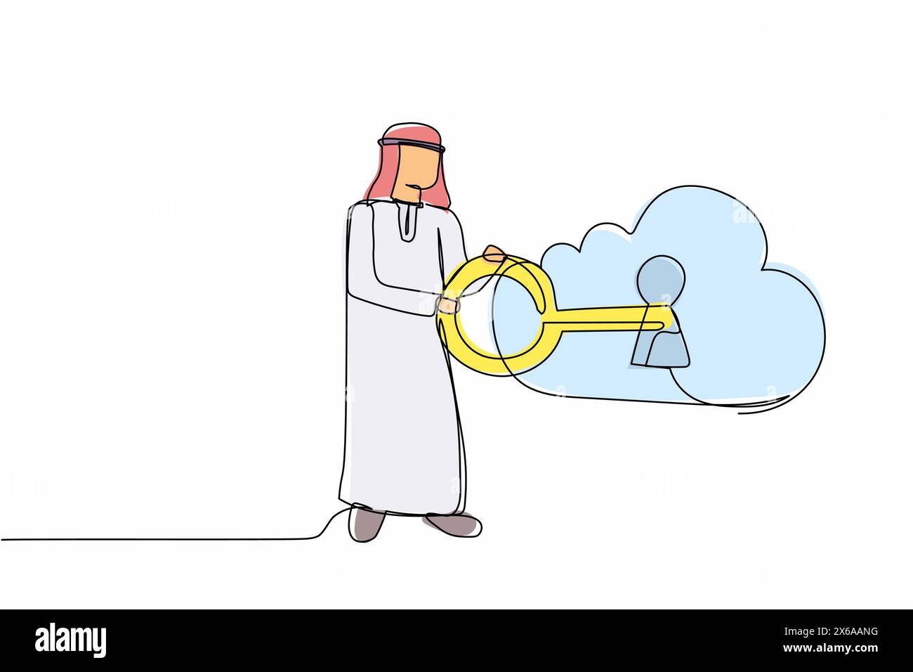 Single continuous line drawing Arab businessman putting big key into ...