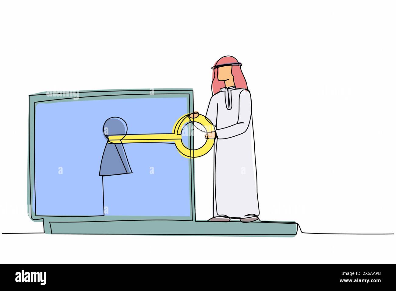 Single one line drawing Arabian businessman putting key into laptop ...
