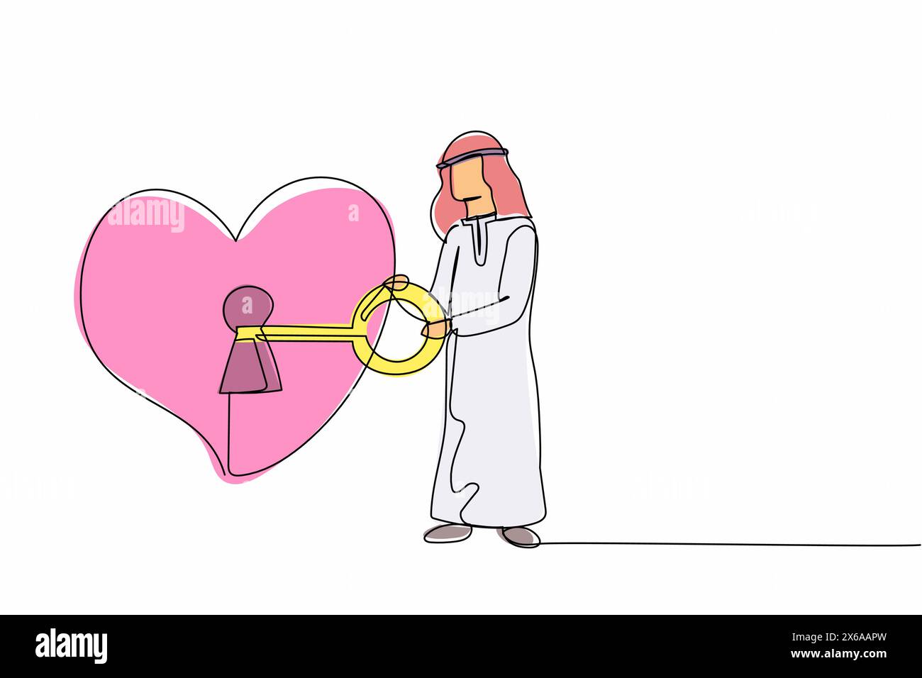 Single continuous line drawing Arab businessman putting big key into ...