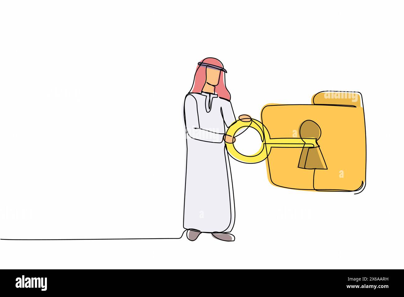 Single continuous line drawing Arab businessman putting big key into ...