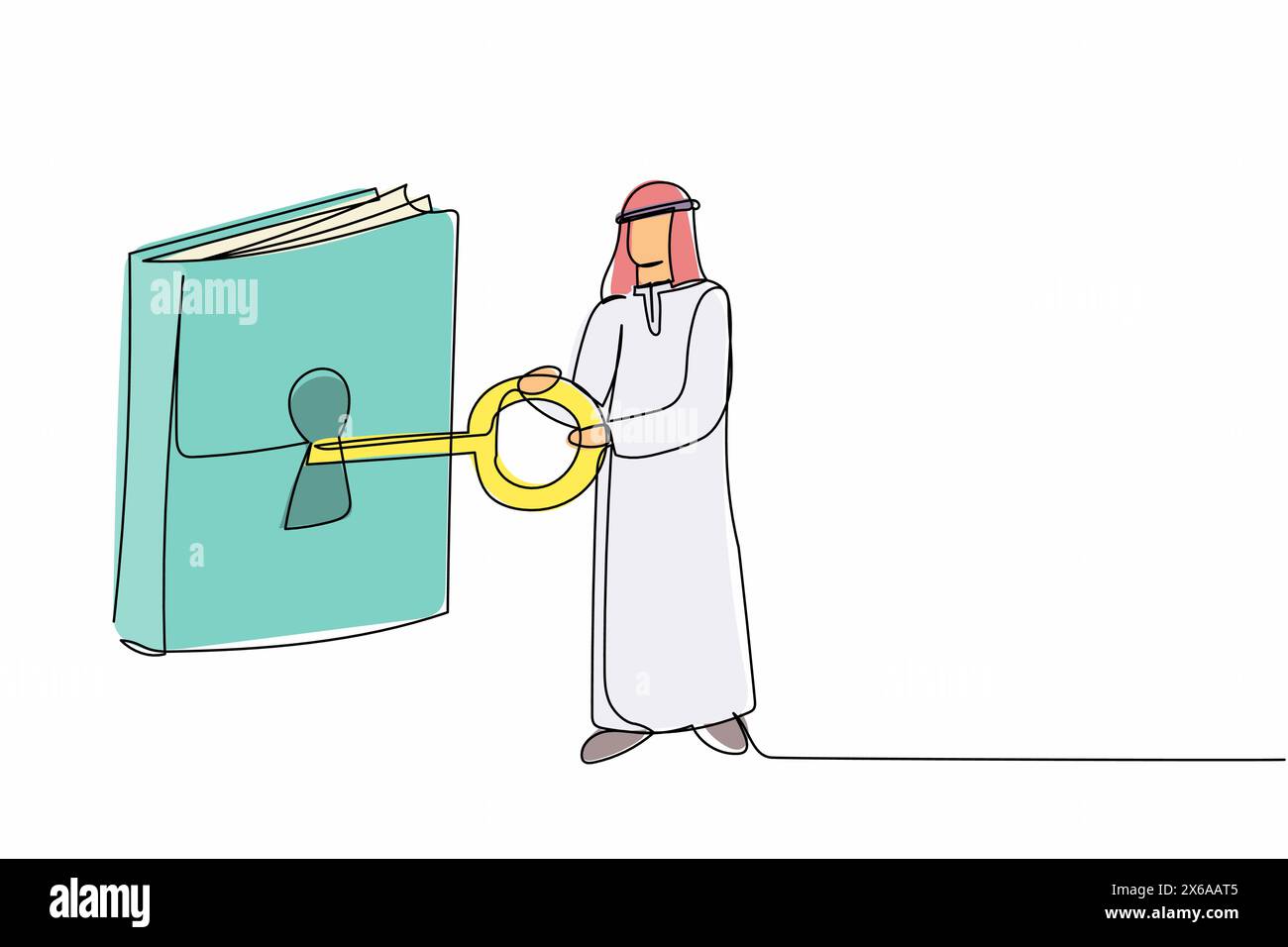Single one line drawing Arab businessman putting big key into book ...