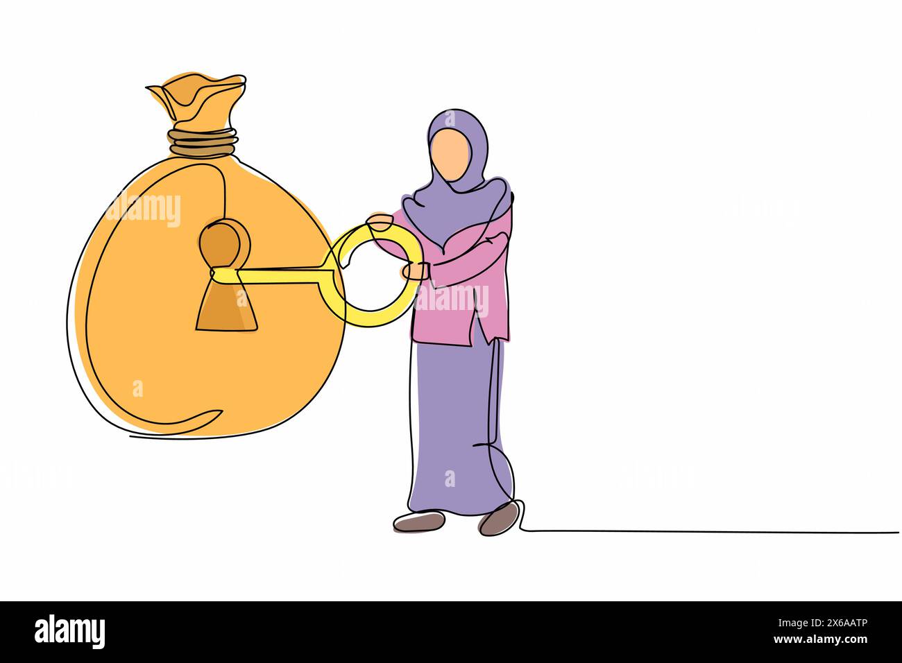 Continuous one line drawing Arabian businesswoman put key into money ...