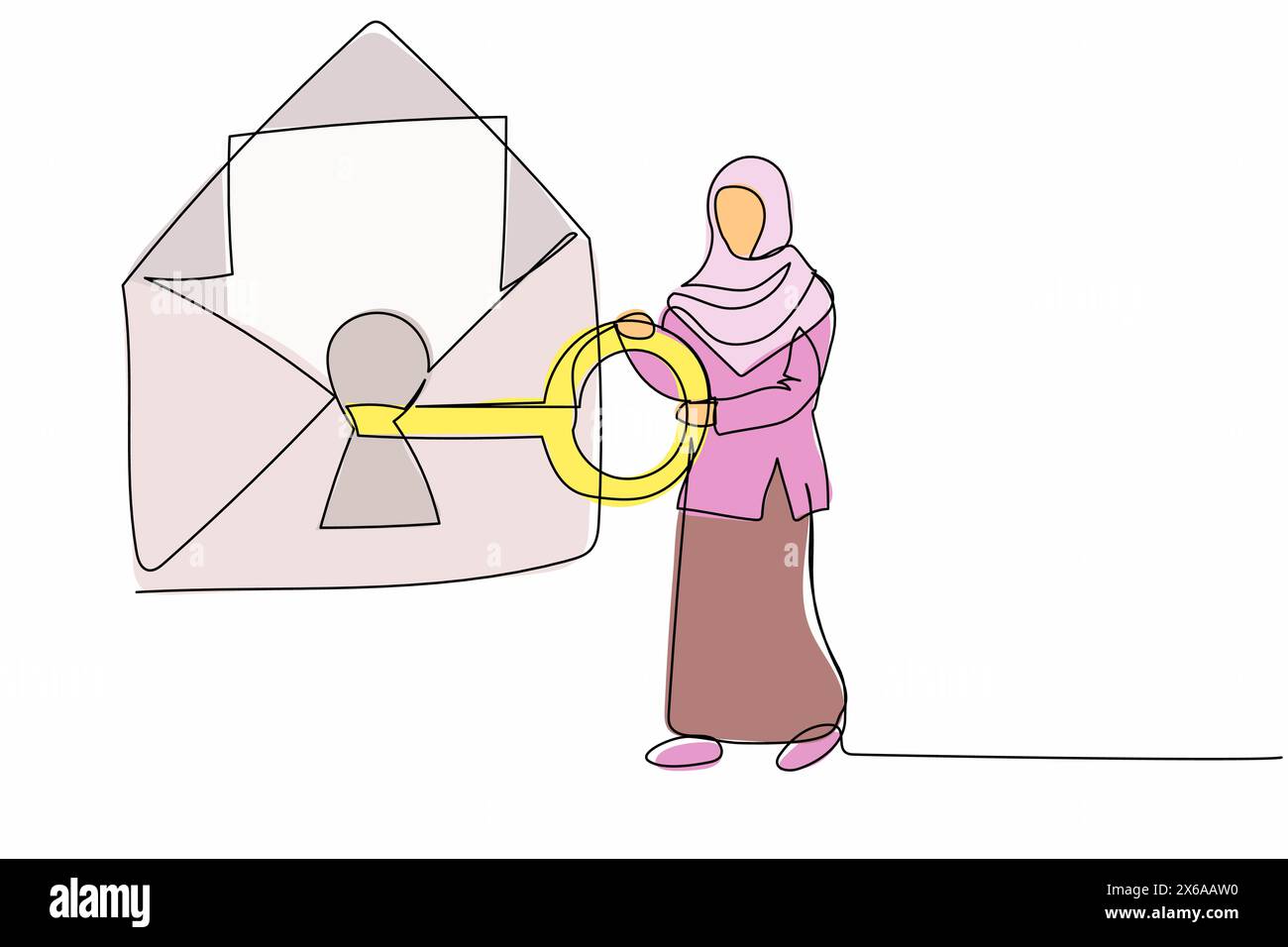 Continuous one line drawing Arabian businesswoman put key into mail ...