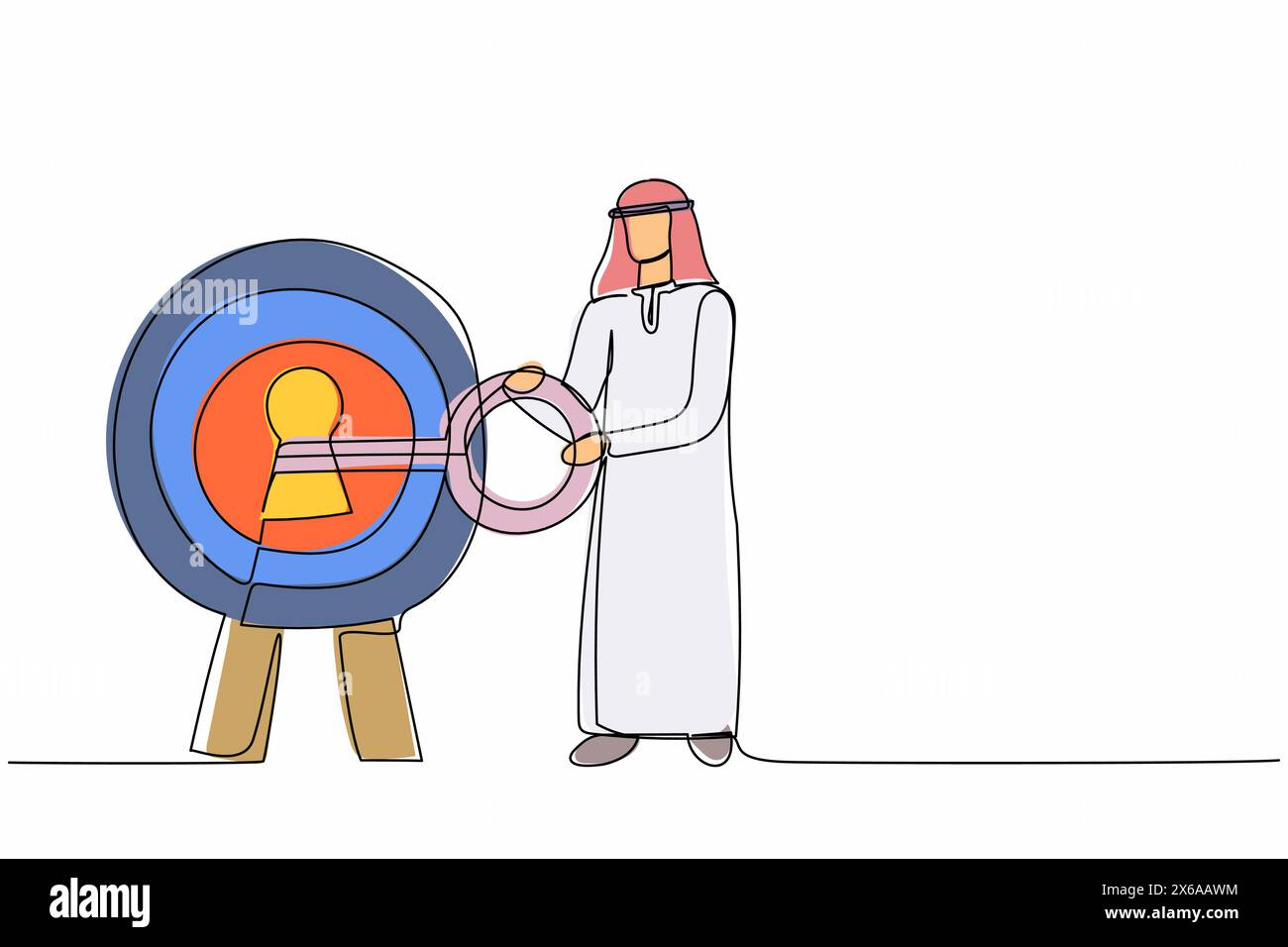 Single continuous line drawing Arab businessman putting big key into ...