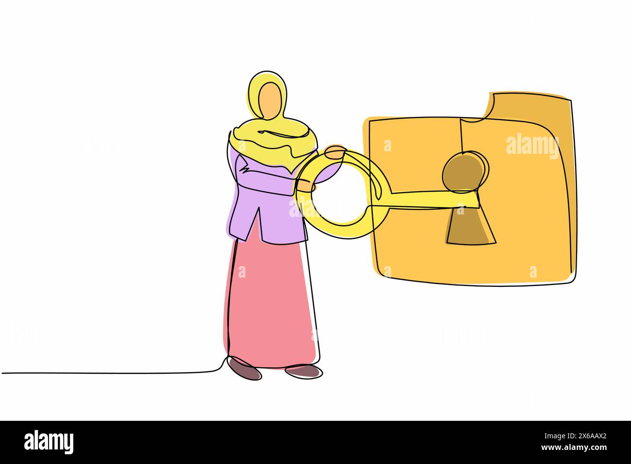 Single continuous line drawing Arabian businesswoman put key into ...