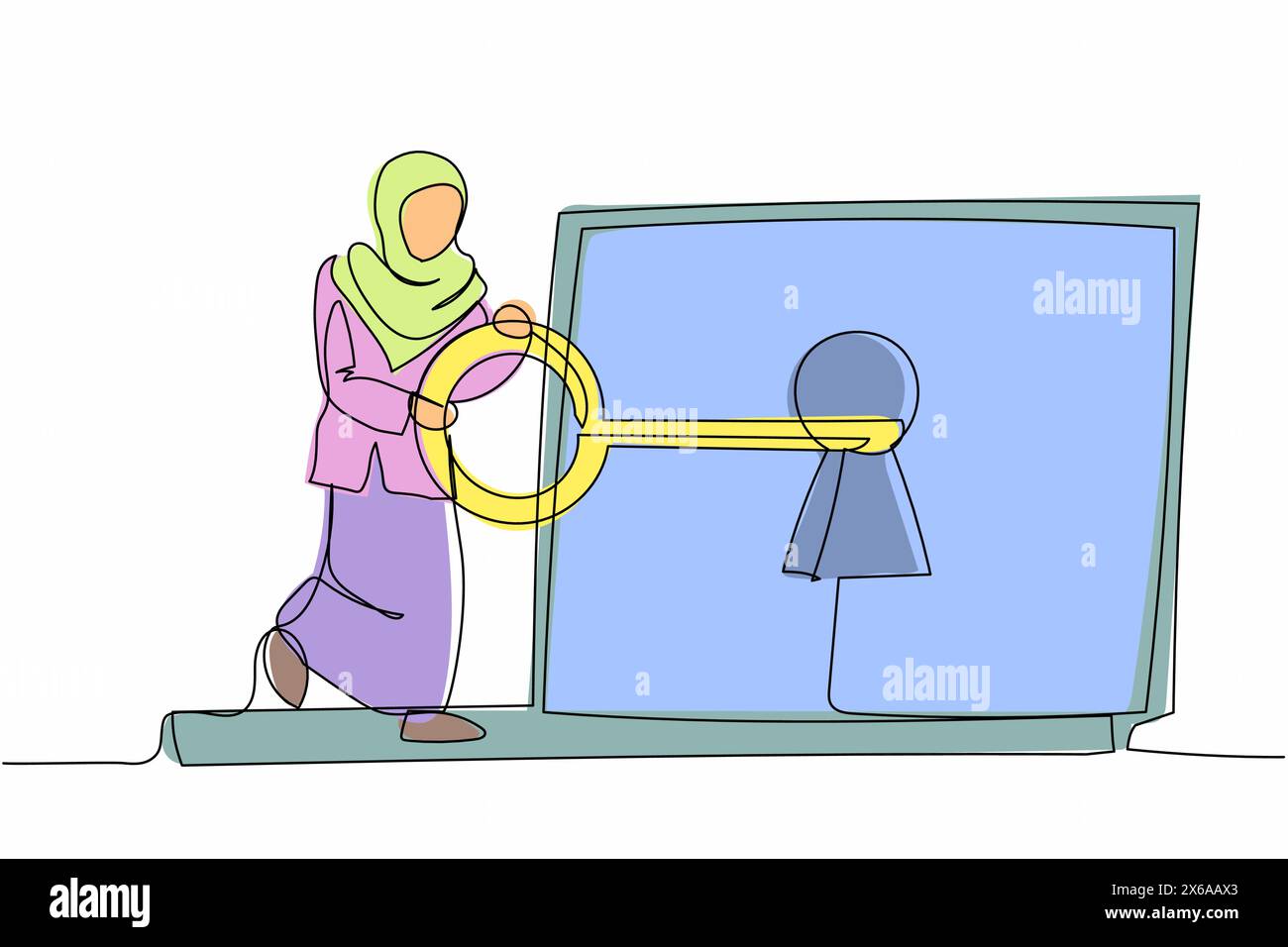 Continuous one line drawing Arab businesswoman put key into laptop ...