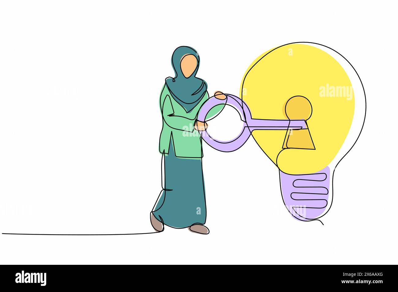 Single continuous line drawing smart Arab businesswoman put key into ...