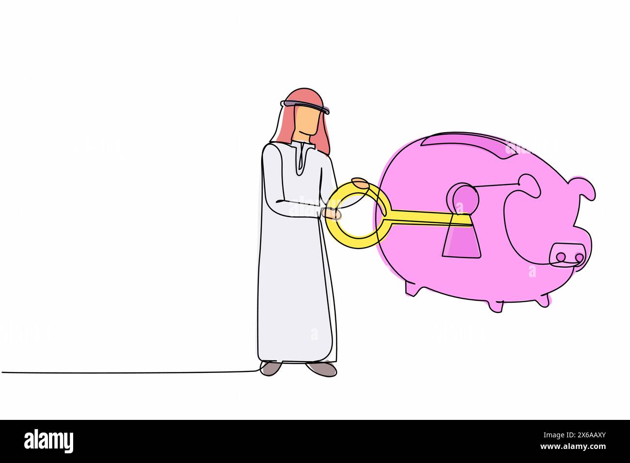 Continuous one line drawing Arab businessman putting big key into piggy ...