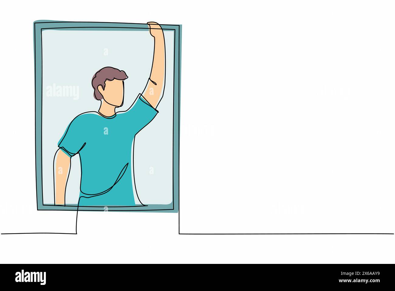 Continuous one line drawing man standing near window with raised or ...